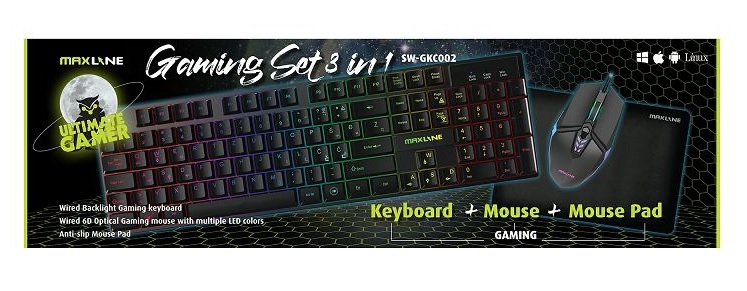 MAXLINE gaming komplet 3v1 (tipkovnica+miška+podloga) SW-GKC002 / SLO ...